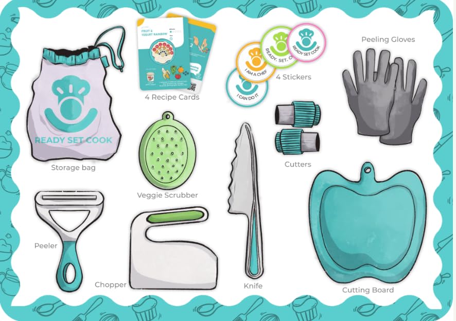 Tovla Jr Kids Montessori Cooking Tools Set - Kid Safe Kitchen Knives Gift Set - Childrens' Knife, Toddler Chopper, Vegetable Peeler ,Gloves,Cutting Board, Recipes and More