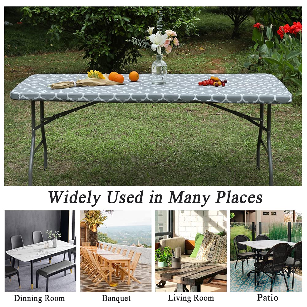 smiry Rectangle Picnic Tablecloth, Waterproof Elastic Fitted Table Covers for 4 Foot Tables, Wipeable Flannel Backed Vinyl Tablecloths for Camping, Indoor, Outdoor (Grey Morocco, 30x48 Inches)