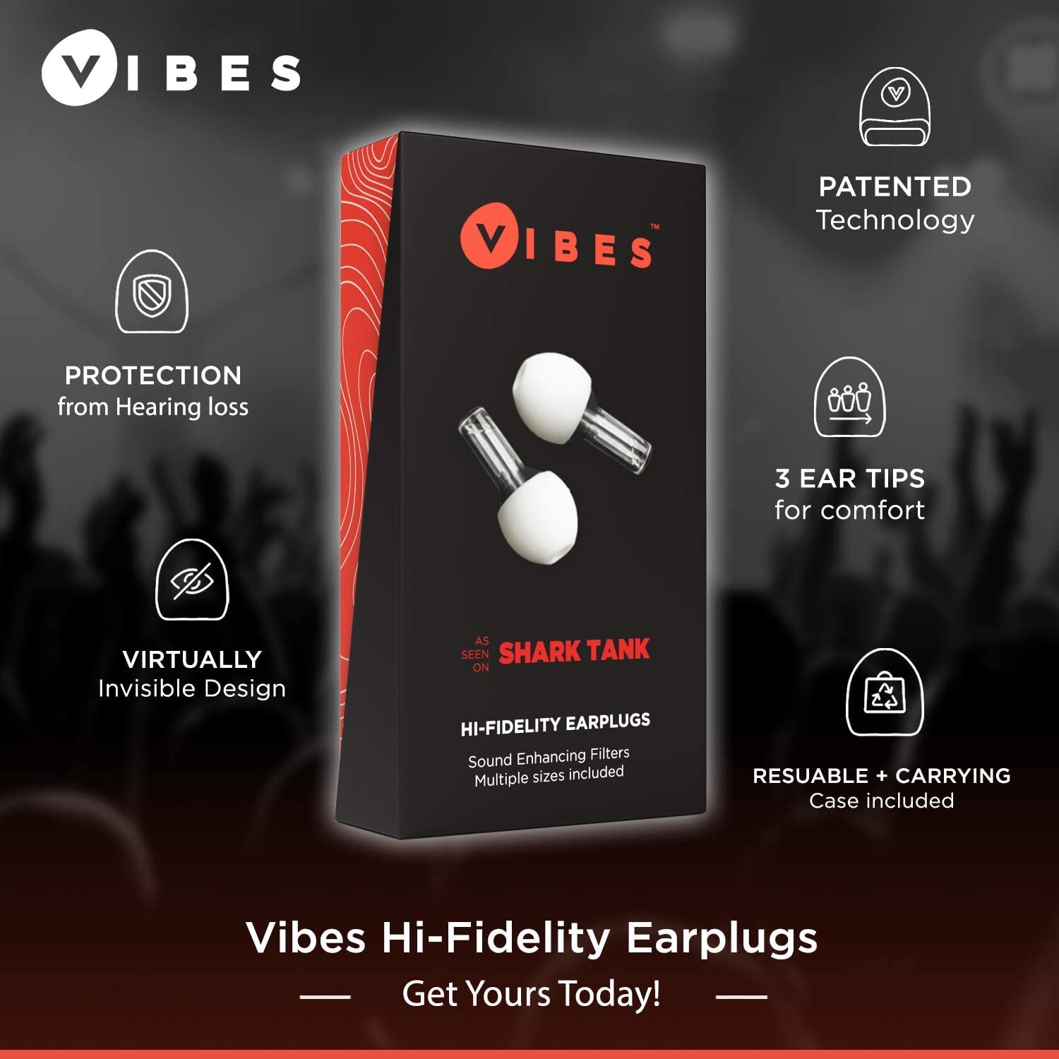 Vibes High-Fidelity Earplugs - Invisible Ear Plugs for Concerts, Musicians, Motorcycles, Airplanes, Raves, Work Noise Reduction, Hearing Protection - Fits Small Medium Large - As Seen On Shark Tank