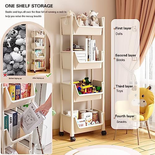 Miyxsin 4-Tier Detachable Plastic Storage Rack,Movable storage cart with Wheels,Multi-Functional Rolling Utility Car Storage Rack,Simple display bookshelf suitable for living room(without Cover)