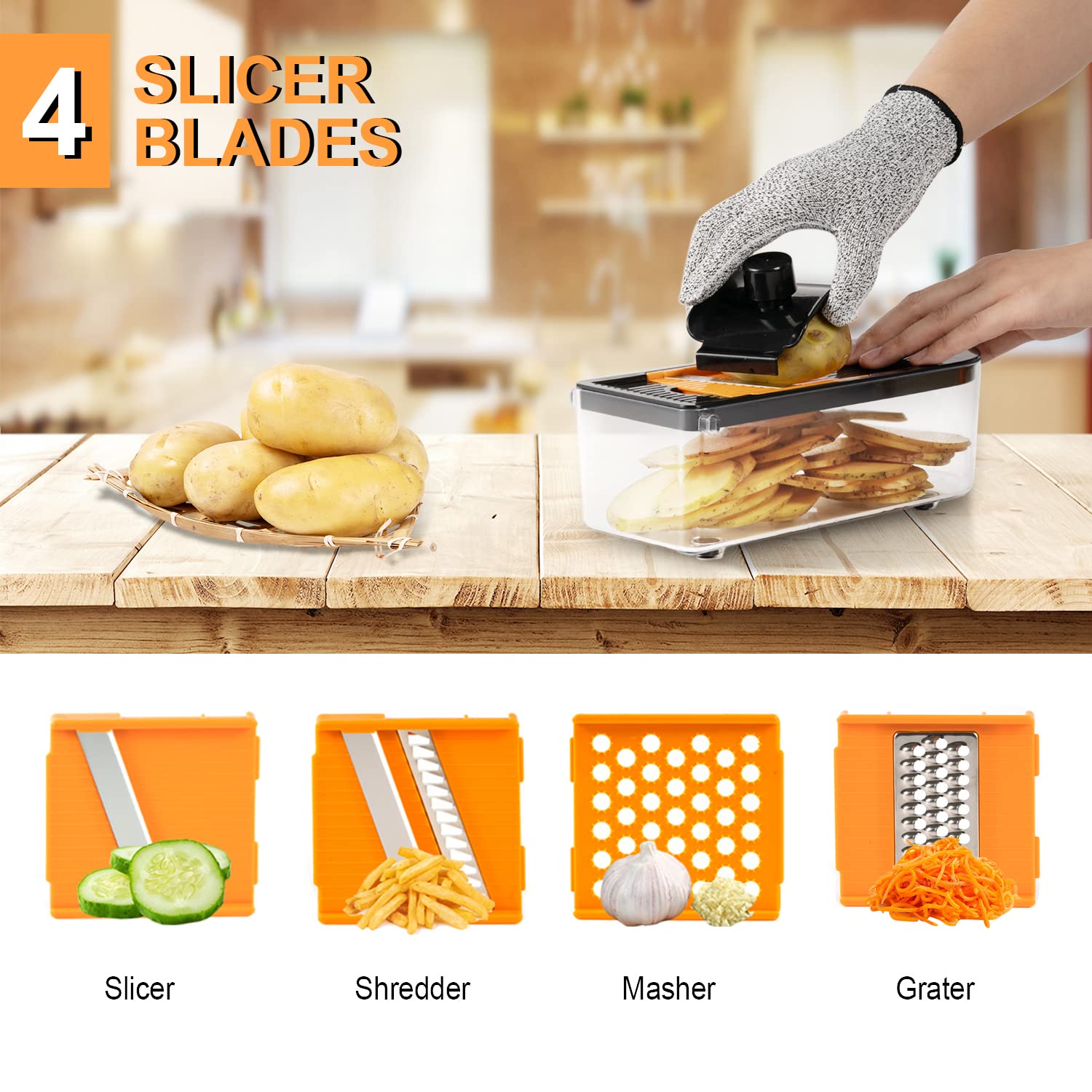 Vegetable chopper 19 in 1, Multifunctional Veggie, Onion & Food chopper, Dicer, cutter With Container With Resistant Glove, Peeler, 9 Blades