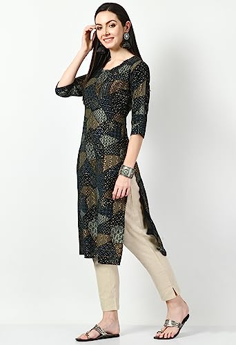 Lagi Women Round Neck 3/4 Sleeves Gold Foil Print Rayon Kurti, Grey (XL)