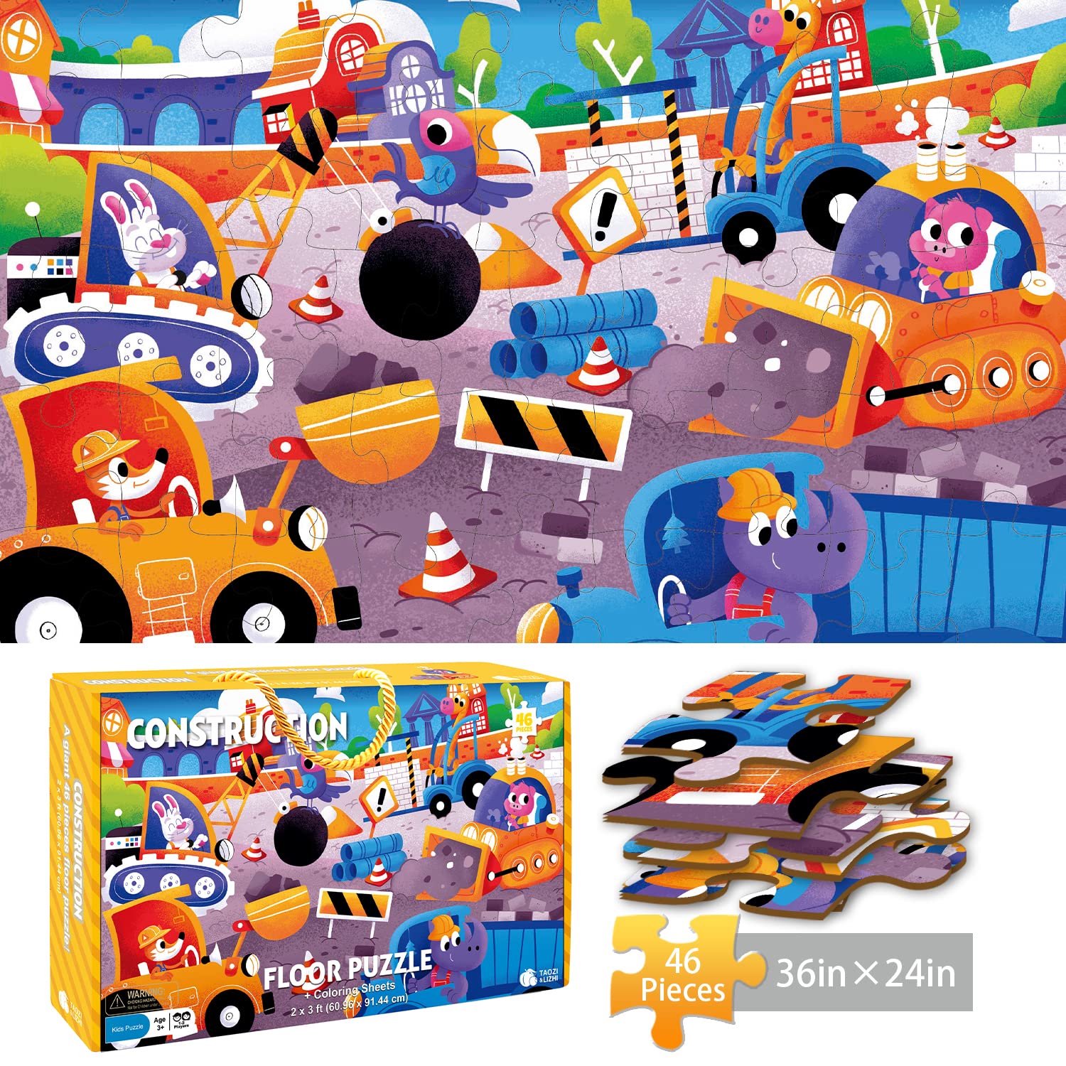 TAOZI&LIZHI Jumbo Jigsaw Puzzles 46 pcs, Construction Site, Large Floor Puzzle for Kids Ages 3-5, 4-8, Christmas Toddler Puzzles with Hand-held Gift Box, Preschool Learning & Education Toys