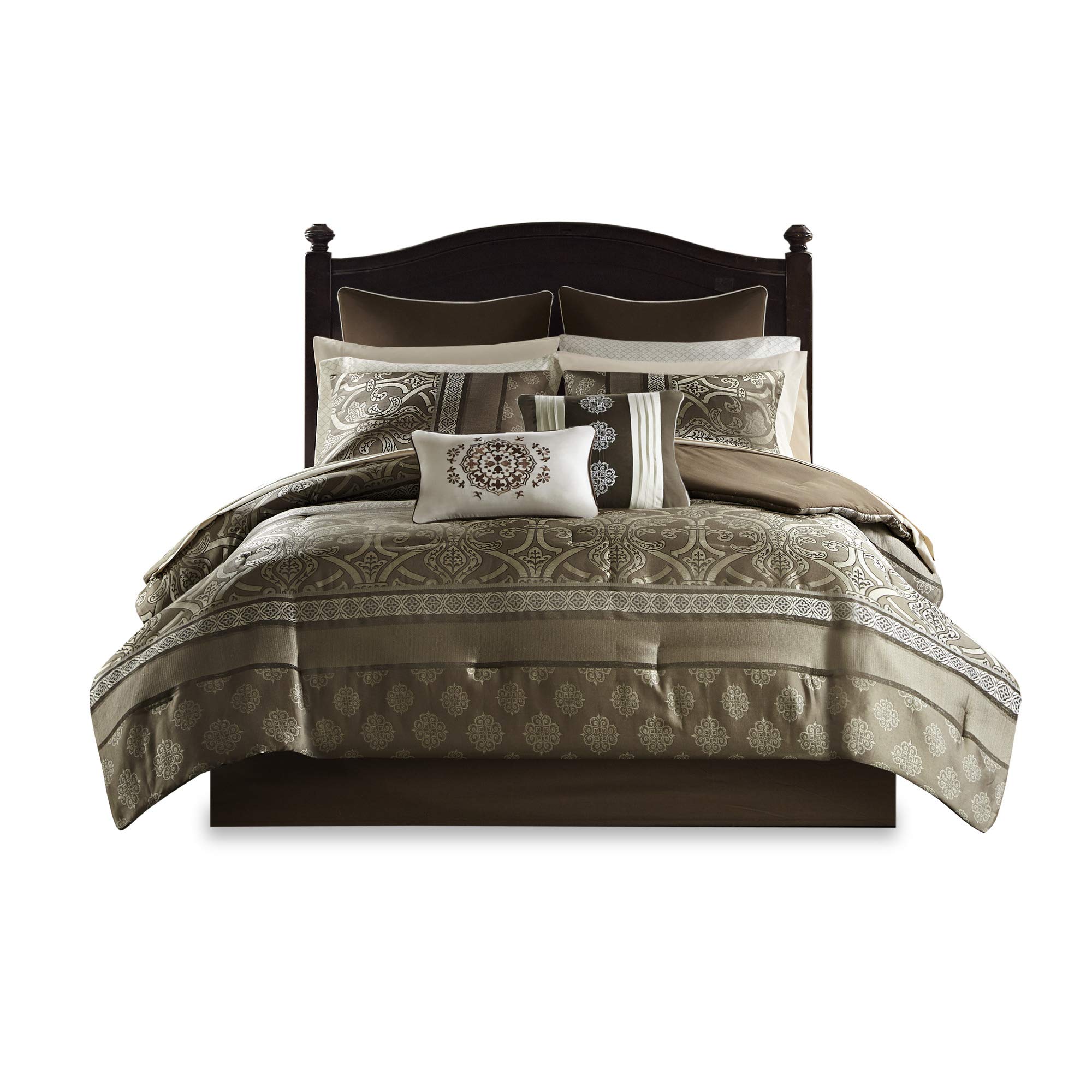 Madison Park - MPE10-796 Essentials Zara 16 Piece Jacquard Complete Bedding 2 Sheet Sets, King, Brown
