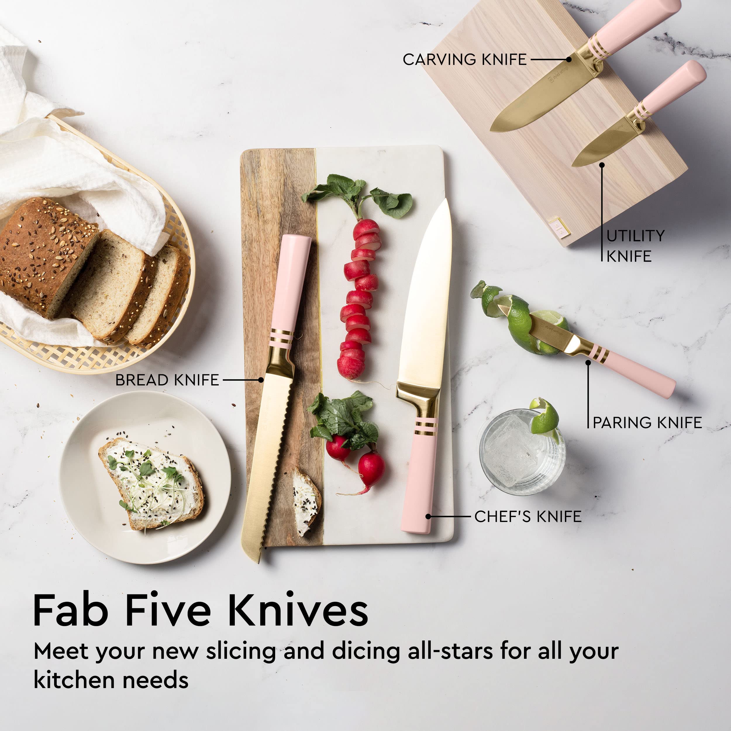 Pink Knife Set with Magnetic Knife Block - 6 PC Pink and Gold Knife Set with Block Includes Pink Kitchen Knife Set & Ashwood Magnetic Knife Holder - Pink Kitchen Accessories