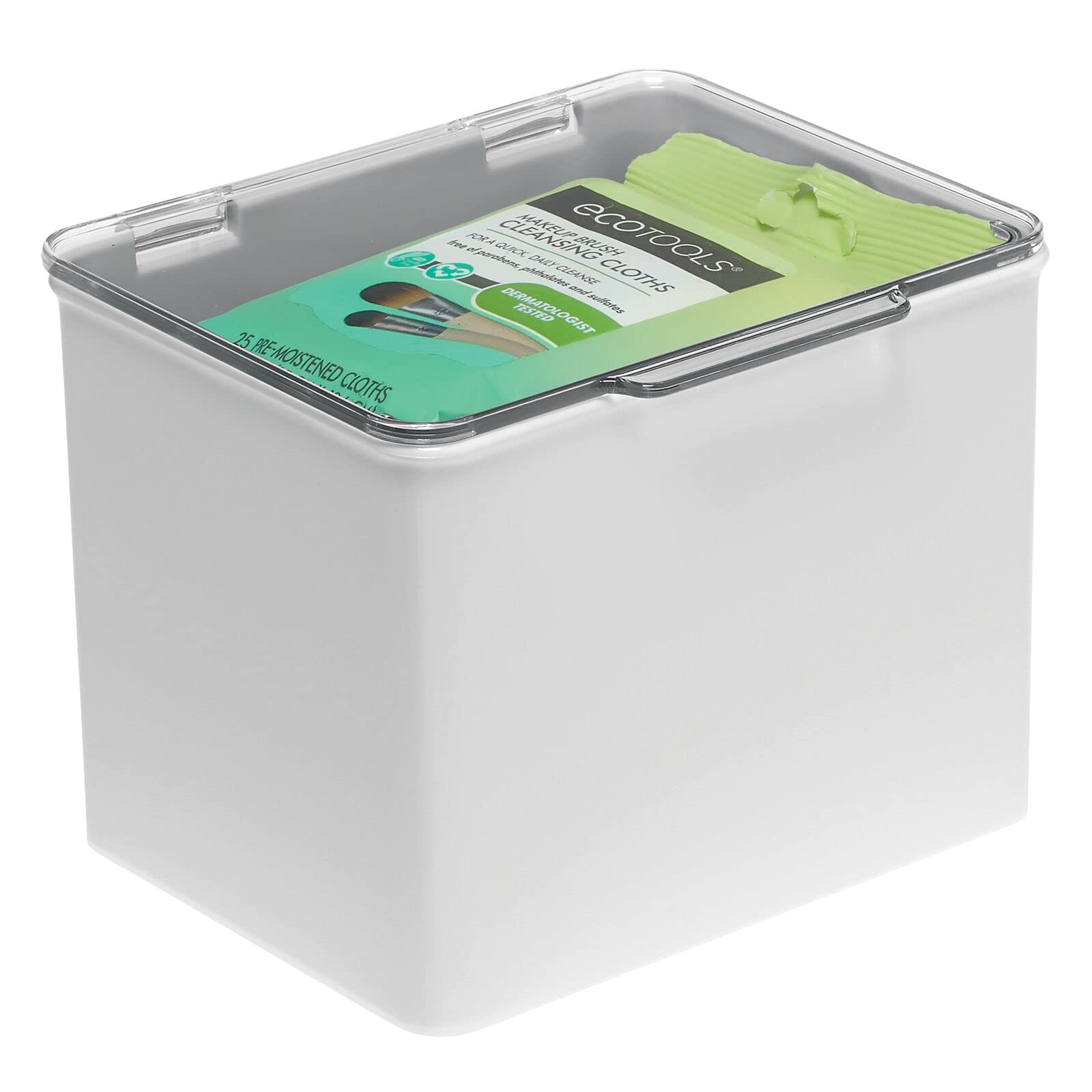 mDesign Plastic Bathroom Storage Organizer Box w/ Hinge Lid for Closet, Shelf, Cupboard, Vanity, Hold Medicine, Lotion, Cotton Swabs, Masks, Styling Tools, Lumiere Collection, 8 Pack, Stone/Clear