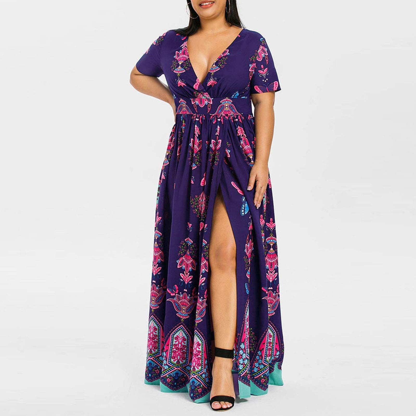 Plus Size Flowy Long Dress for Women Plunging V Neck Short Sleeve Swing Dress Butterfly Printed Split Dress