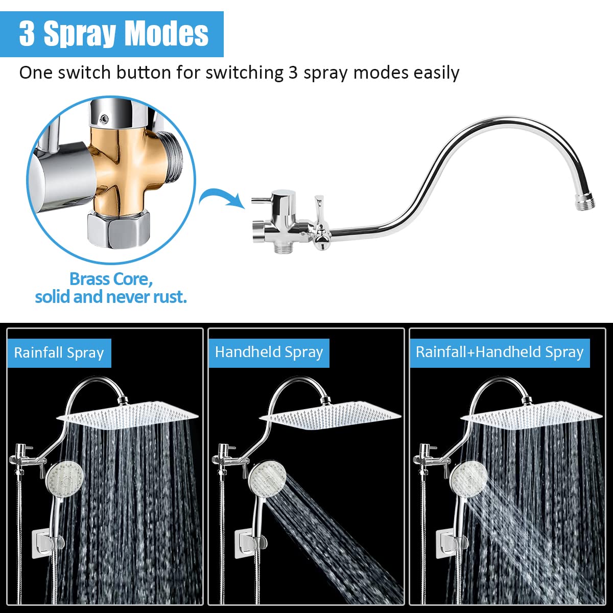 Taiker Shower Head, 8 Inch High Pressure Rainfall Shower Head/Handheld Showerhead Combo with 11.5 Inch Adjustable Curved Arm, Anti-leak Shower Head with Holder/Hose, Flow Regulator, Chrome (Silver)
