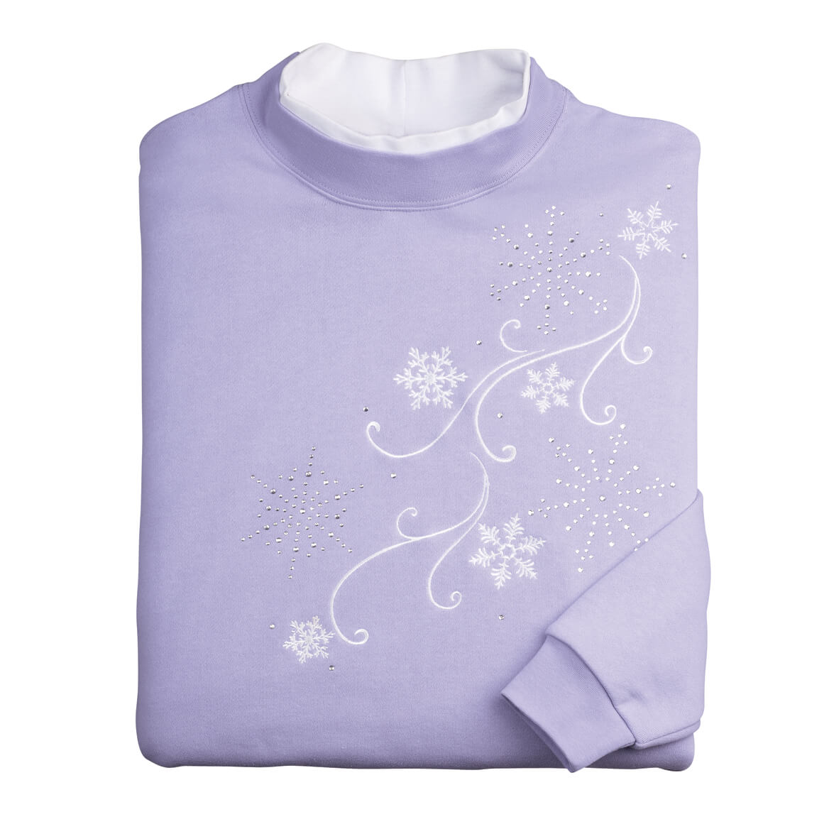 Miles Kimball Embroidered Cascading Snowflakes Long Sleeve Crew Neck Sweatshirt – Purple and White