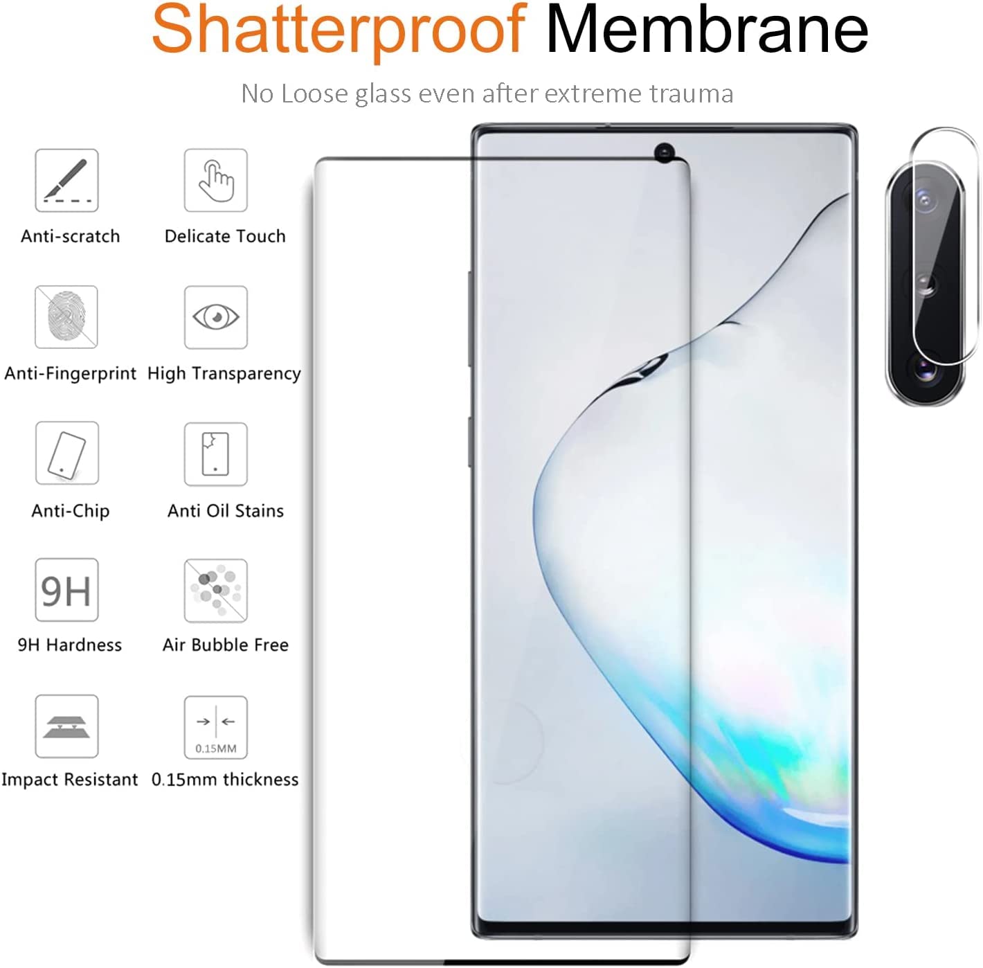 OttarScreen Galaxy Note 10 Plus Screen Protector, 1 Pack Camera Lens Protector【3+1 Pack 】 Compatible Fingerprint, 3D Glass 9H Hardness Tempered Glass Screen Protector for Samsung Galaxy Note 10 Plus