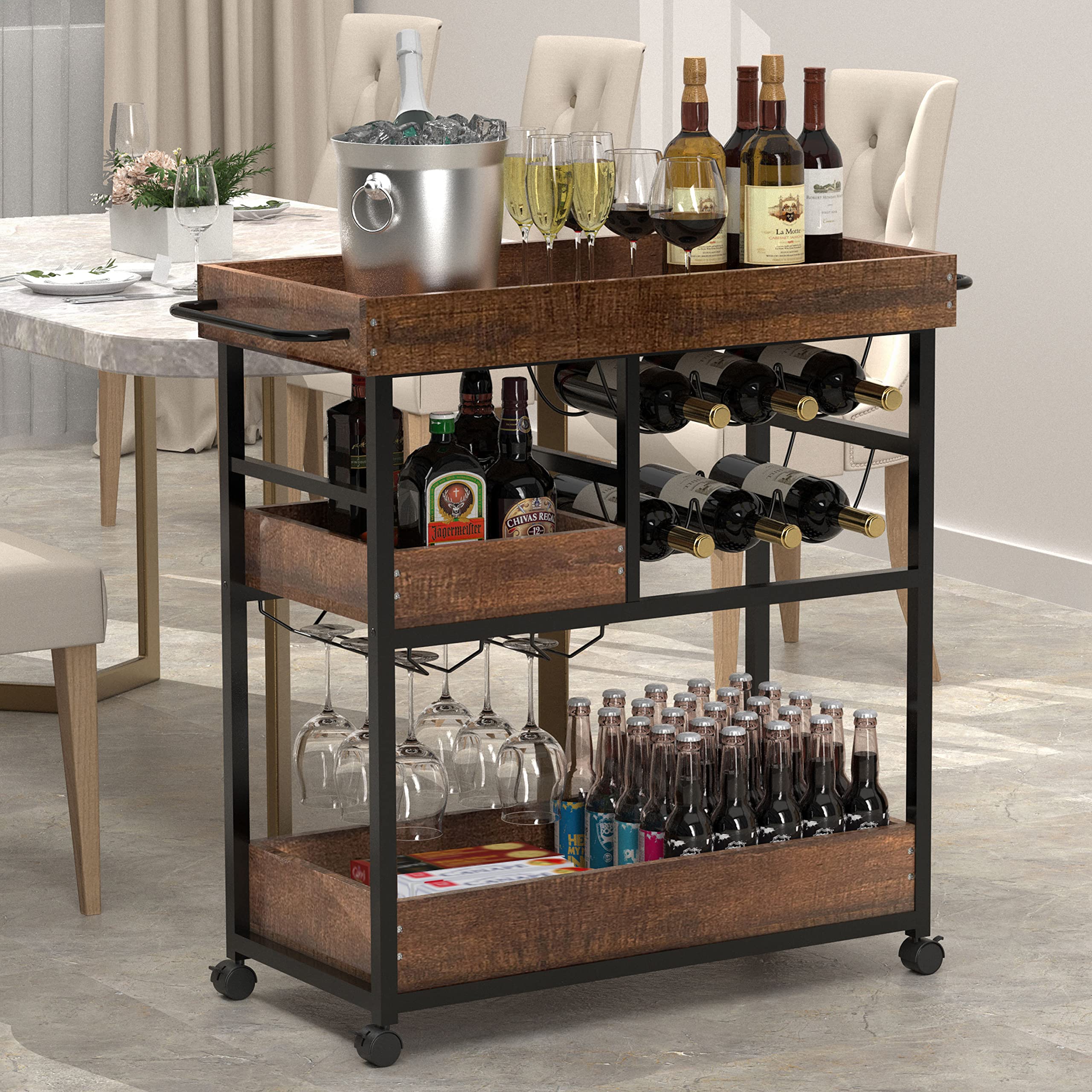 MU Bar Carts for Home, Industrial Kitchen Serving Cart,3 Tier Storage Trolley with Wine Rack Glasses Holder, Rustic Rolling Bar Cart with Removable Shelves for Home