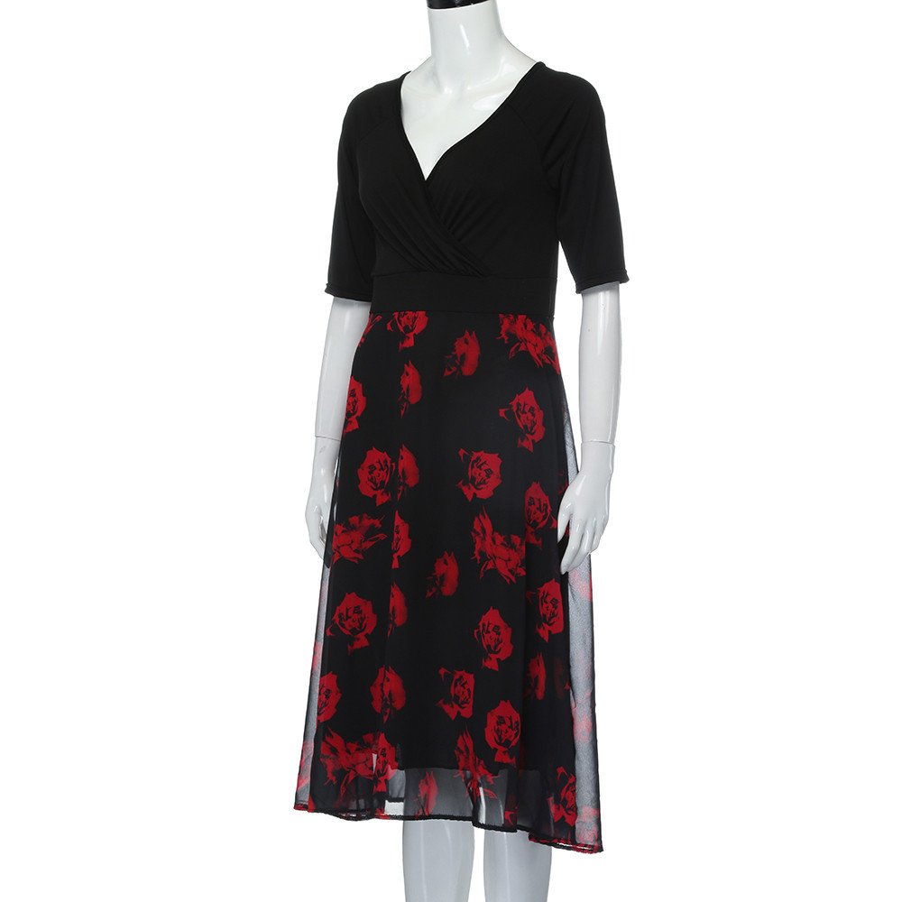 Plus Size V-Neck Dress for Women Floral Printing Mesh Swing Dress Patchwork Half Sleeve Tank Top Dress Red