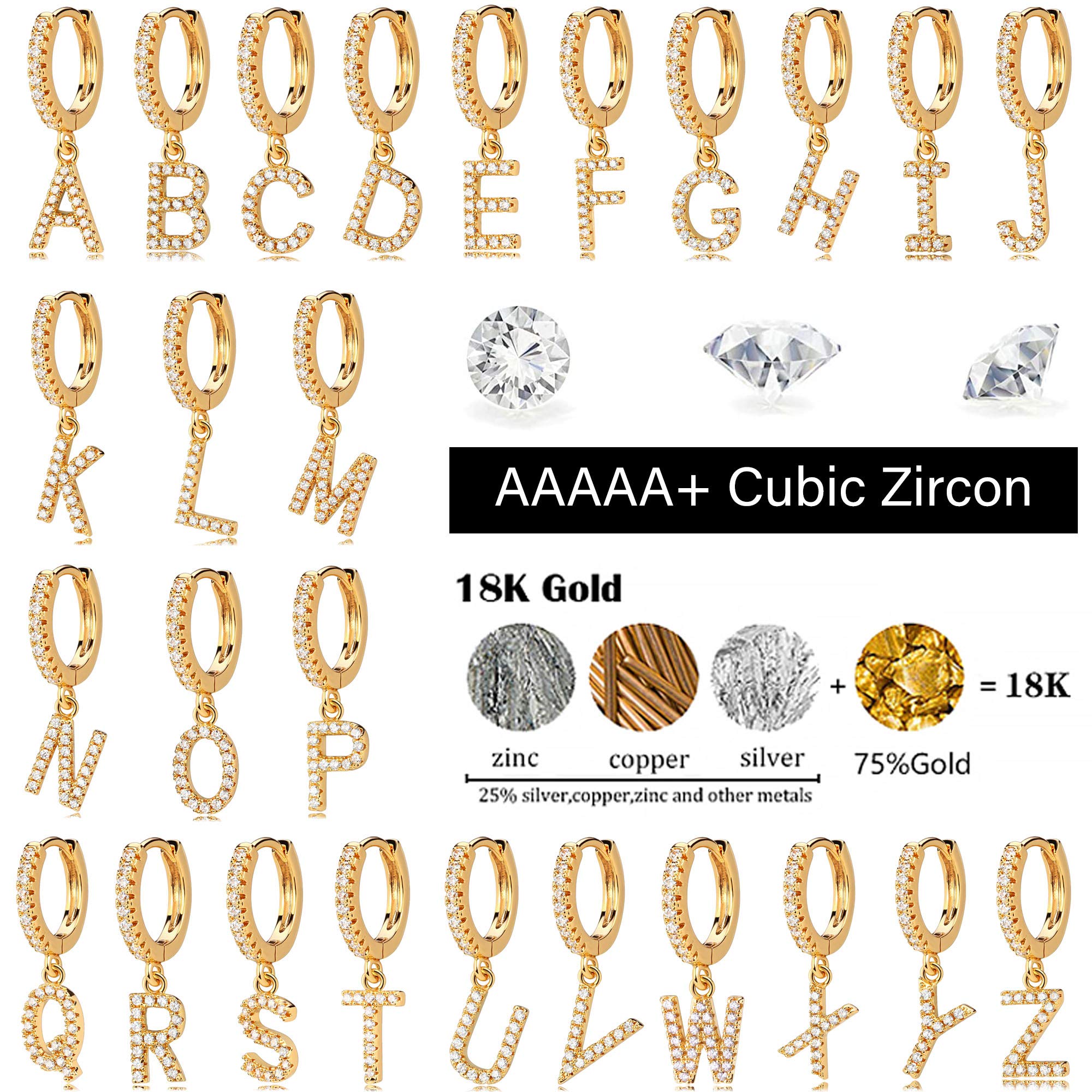 Mevecco 18K Gold Filled Gold CZ Pave A Initial Drop Huggie Earrings Diamond Cut Cubic Zircon Inlayed Letter Dangle Charm Initial Huggie Hoop Earrings Personalized Dainty Tiny Symbolic Jewelry Gift
