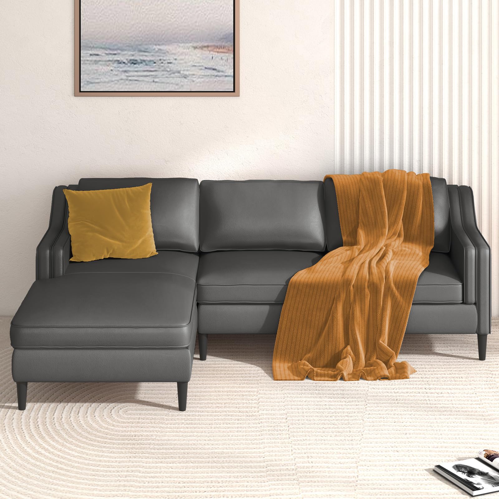 Mjkone Top Grain Leather Sectional Sofa couch, Luxurious Upholstered Couches with Left Facing Chaise, Modular Lounge & 2-Seater Couch Set for Living Room Apartment Office (Truffle)