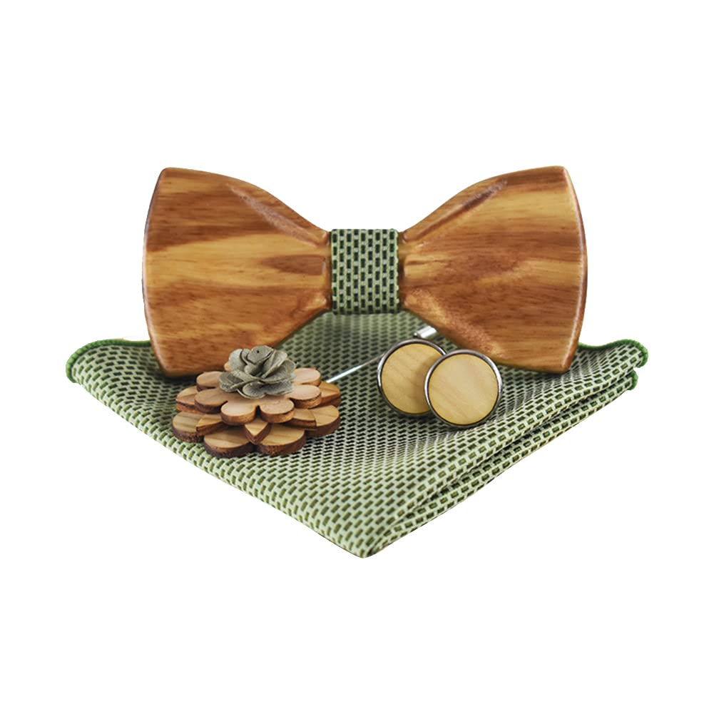 Men's Classic Wood Bow Tie Matching Handkerchief Cufflinks Flower Lapel Pin Set, Green, 12 * 5.5cm