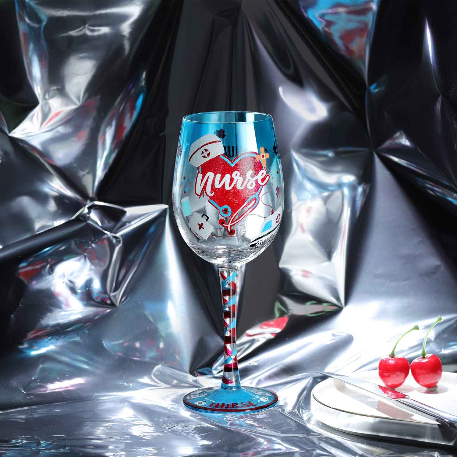 NymphFable Nurse Gifts Hand painted Wine Glass Artisan Painted Glass 15oz for Nurse Nursing Student Gifts for Her