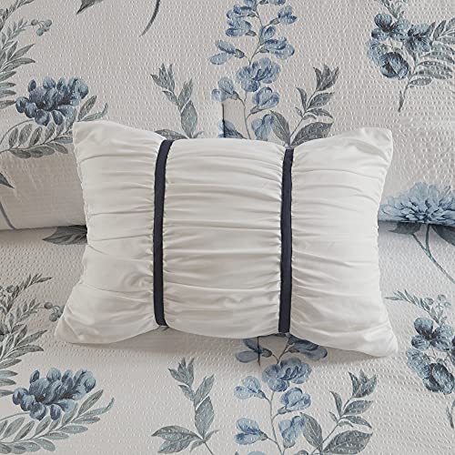Madison Park Zennia Farmhouse Comforter Set with Throw-Blanket, Floral Print on Seersucker Textures, All Season Bedding, Matching Shams, Toss Pillows, Full/Queen(90"x90"), Blue 7 Piece