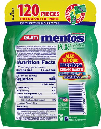 Mentos Pure Fresh Sugar-Free Chewing Gum with Xylitol, Spearmint, 120 Piece Bulk Resealable Bag (Pack of 1)