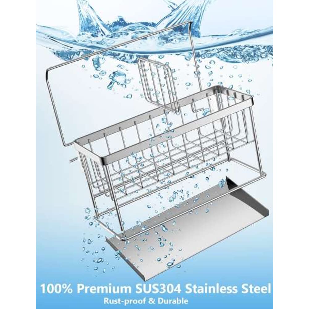 Sink Organizer and Sponge Holder, 304 Stainless Steel Rustproof, Adjustable, Self-Draining Sink Caddy for Sponges, Brushes, Dish Soap,Kitchen Towel,Kitchen Rags