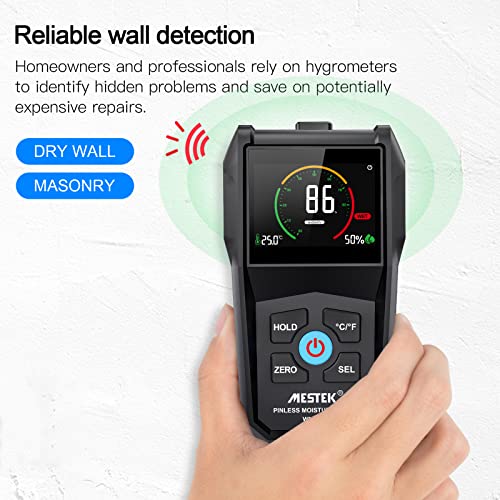 Pinless Moisture Meter, MESTEK Wood Moisturer Meter for Non-Destructive Moisture Detection in Lumber Drywall Firewood Masonry Plaster Floor Concrete Building with Color LCD Sound Alarm