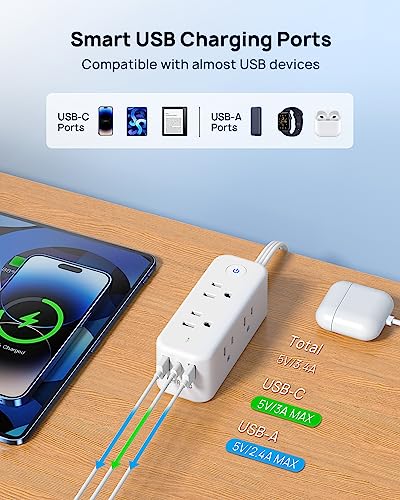 TROND Ultra Thin Flat Extension Cord 10 ft, Flat Plug Power Strip Surge Protector, 6 Wide Space Outlets 3 USB Ports(1 USB C), 3 Side Outlet Extender, Desk Charging Station Compact for Travel Home Dorm