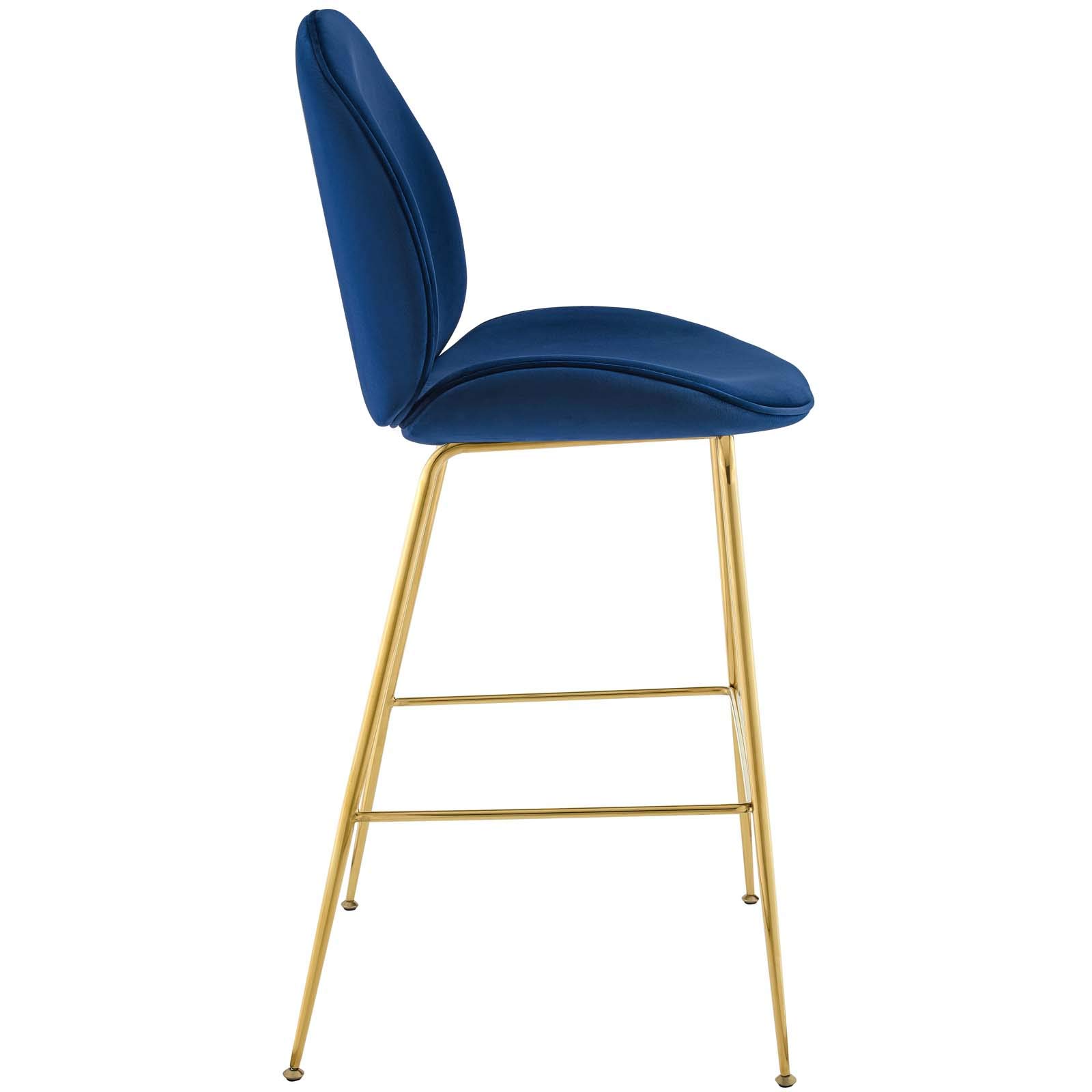 Modway Scoop Performance Velvet Dining Bar Stool with Gold Stainless Steel Metal Base in Navy