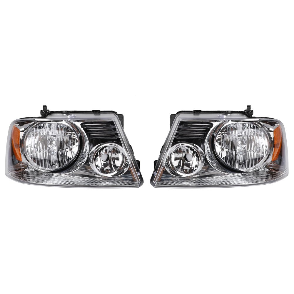 MILLION PARTS Headlight Assembly Compatible with 2004-2008 Ford F150 Pickup 2006-2008 Lincoln Mark LT Passenger and Driver Side Chrome Amber Headlight