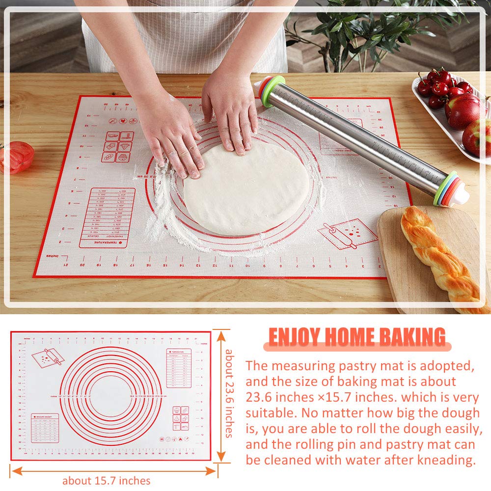 RJUN Stainless Steel Rolling Pin with Thickness Rings and Pastry Mat Set for Baking Cookie Chapati Fondant Dough Pastry Pizza Pie Crust