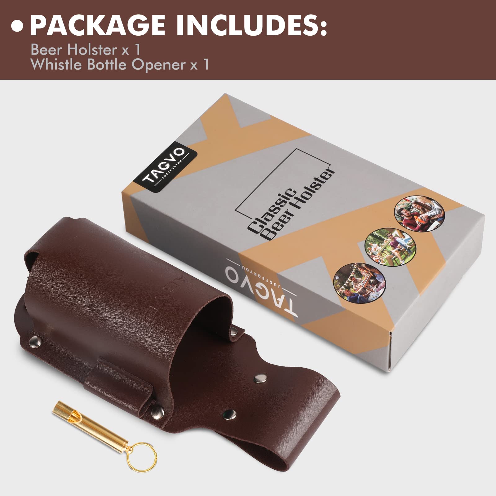 TAGVO Beer Holster, Leather Classic Beer Holster Bottle Holders - Brass Whistle Bottle Opener Included, Gift for Men Father Day