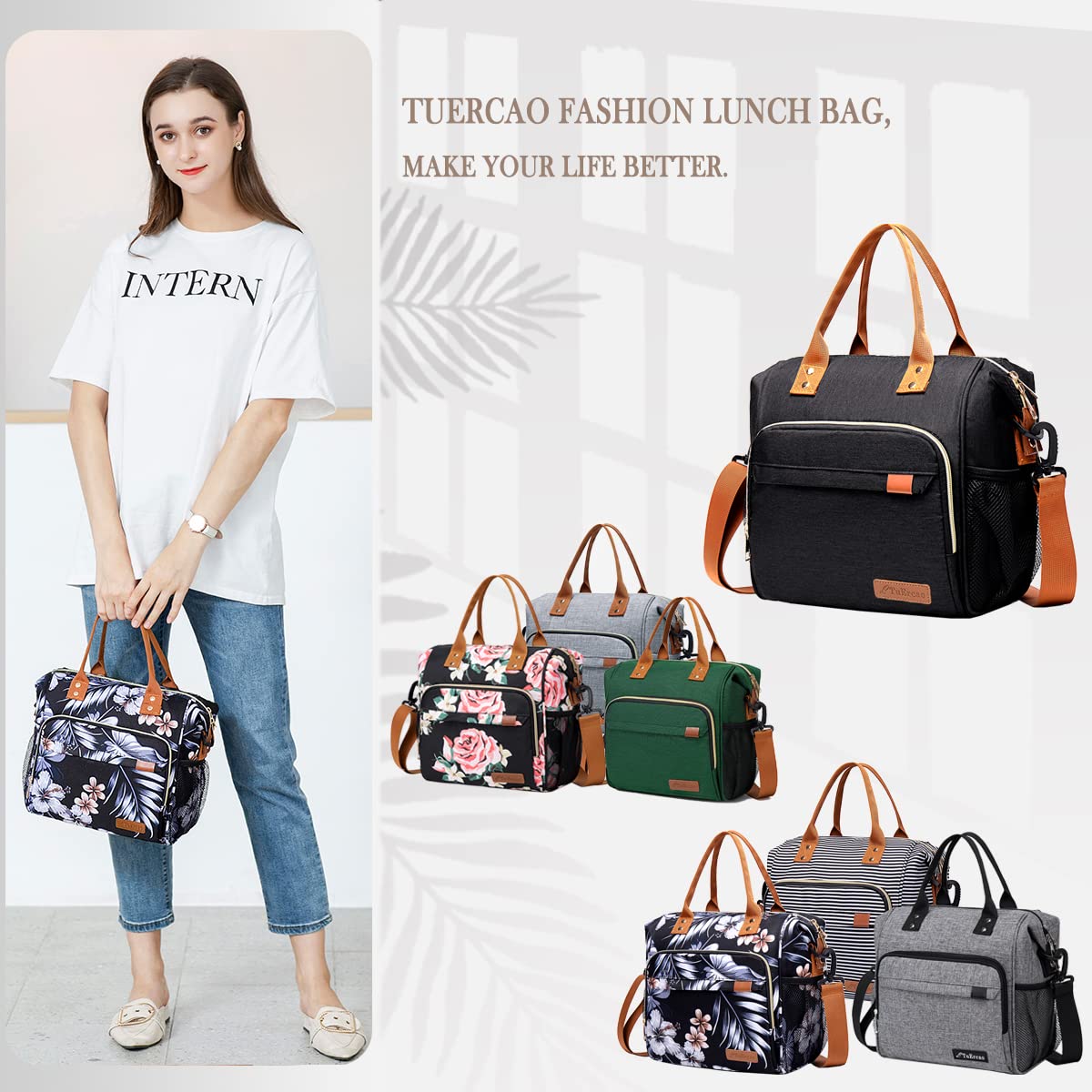 TuErCao Insulated Lunch Bag - Large Portable Cooler Lunch Box for Office Work School Picnic Beach Workout - Reusable Freezable Tote Lunch Bag Organizer with Adjustable Shoulder Strap for Women Men