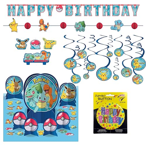 Pokémon Birthday Party Supplies and Decorations Pack: Pokémon Party Supplies and Decorations; Banner, Swirls, Centerpiece, Birthday Candle Set, and more