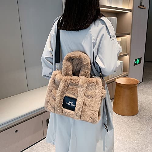 Women’s - The Tote Bag - Fluffy Shoulder Bag, Soft Faux Fur Crossbody Handbag, Trendy Plush Design, Medium Size (KHAKI)