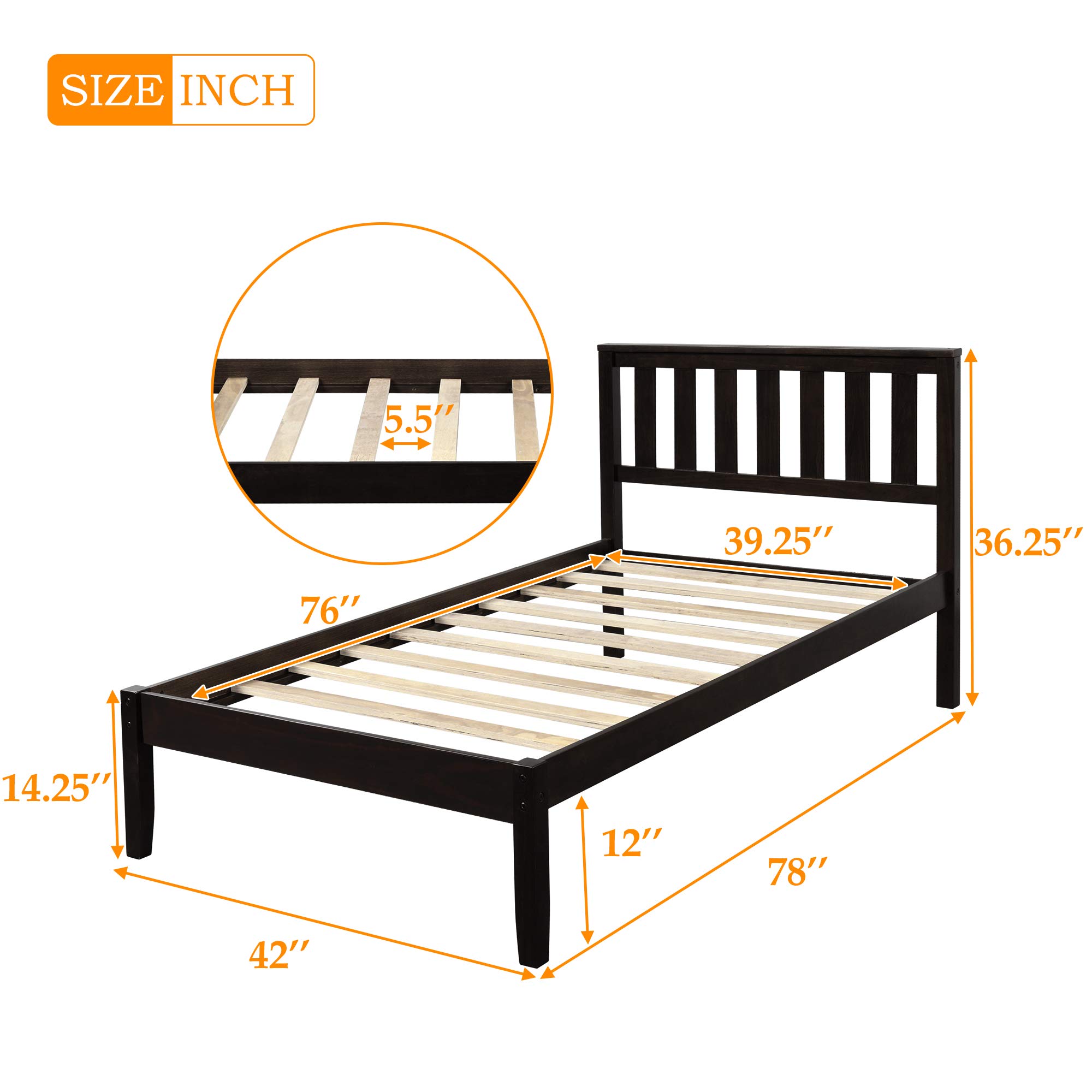 Merax Twin Bed Frame, Platform Bed Twin Size, Wood Platform Bed with Headboard and Wood Slat Support, No Box Spring Needed (Espresso, Twin)