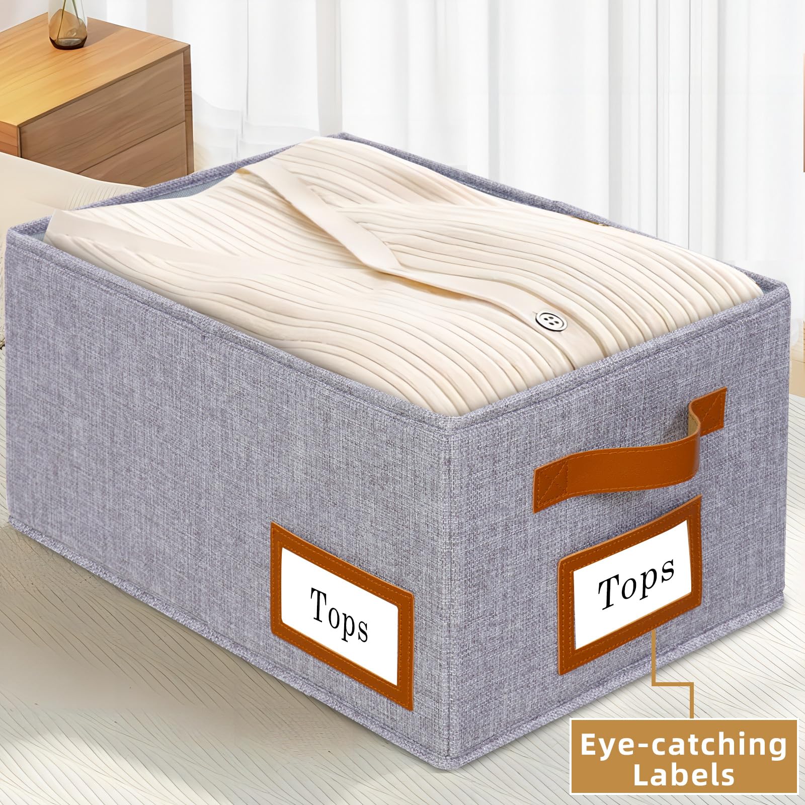 OUTBROS Large Foldable Storage Bins for Shelves, 15.7*11.8*7.9inch Fabric Storage Baskets Cubes Organizer Containers with Leather Handles for Closet Office, (Gray, Large, 3-Pack)