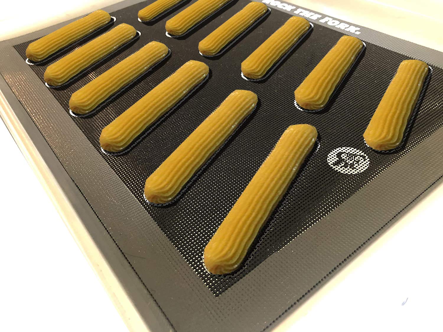 Rock the Fork - Baking Mats - Eclair Template (4-pack) Non-Stick Silicone. These Eclair Mats are Designed for Style & Function. 11 5/8" x 16 1/2" Size.