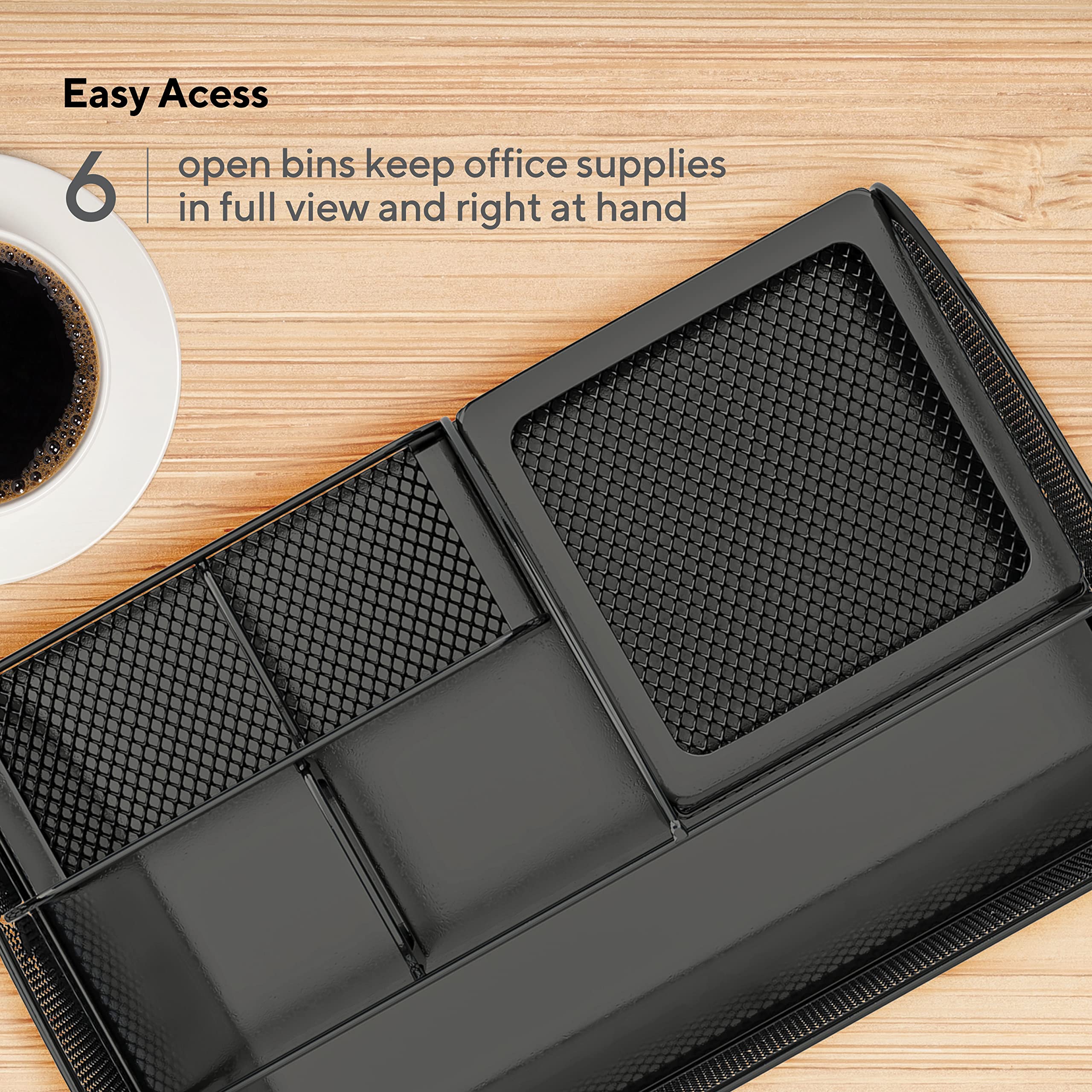 Mindspace Office Desk Organizer with 6 Compartments + Drawer + Pen & Pencil Holder | The Mesh Collection, Silver