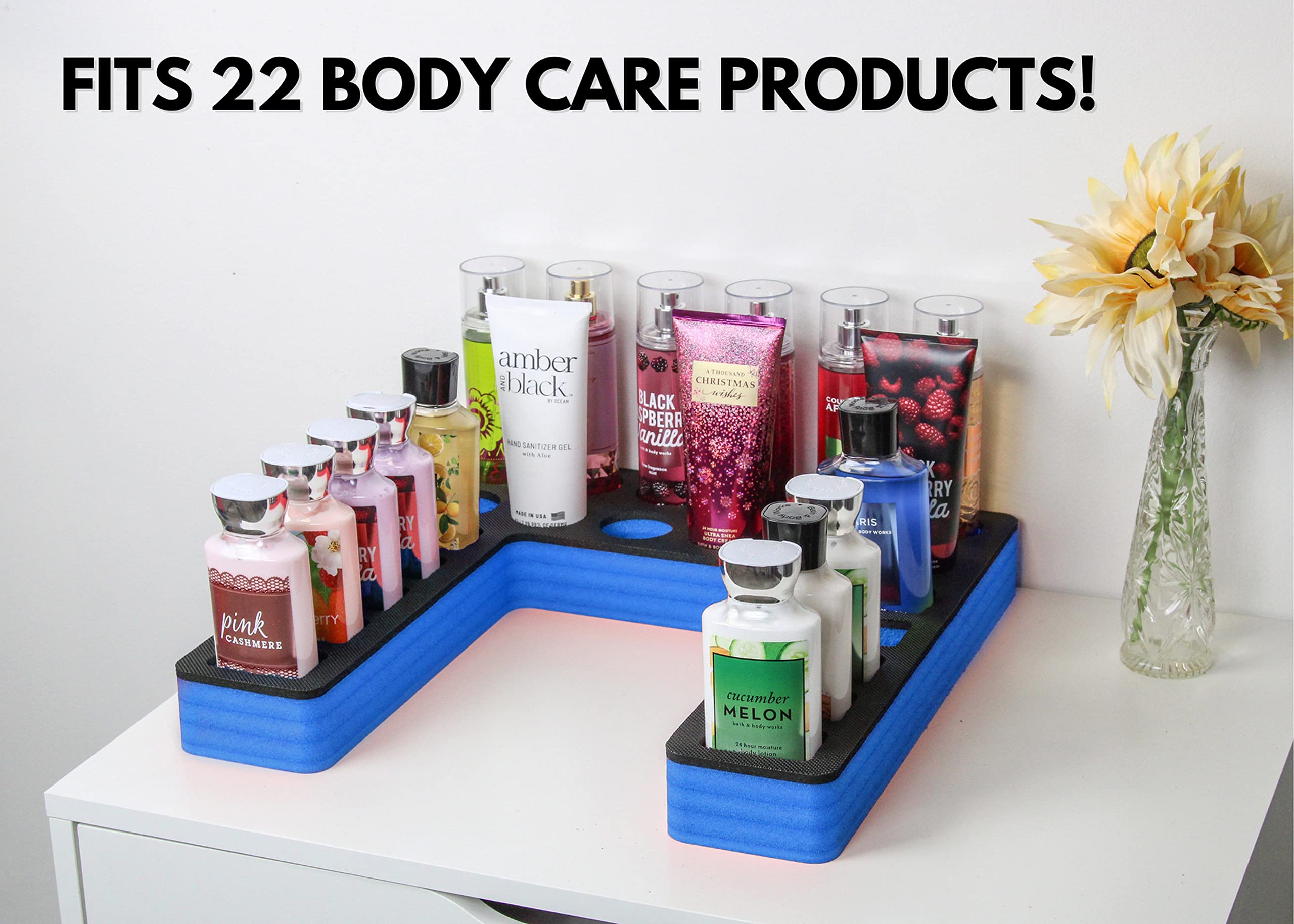 Polar Whale Lotion and Body Spray Stand Organizer Tray Blue and Black Durable Foam Washable Waterproof Insert for Home Bathroom Bedroom Office 16.25 x 16.25 x 2 Inches 22 Slots