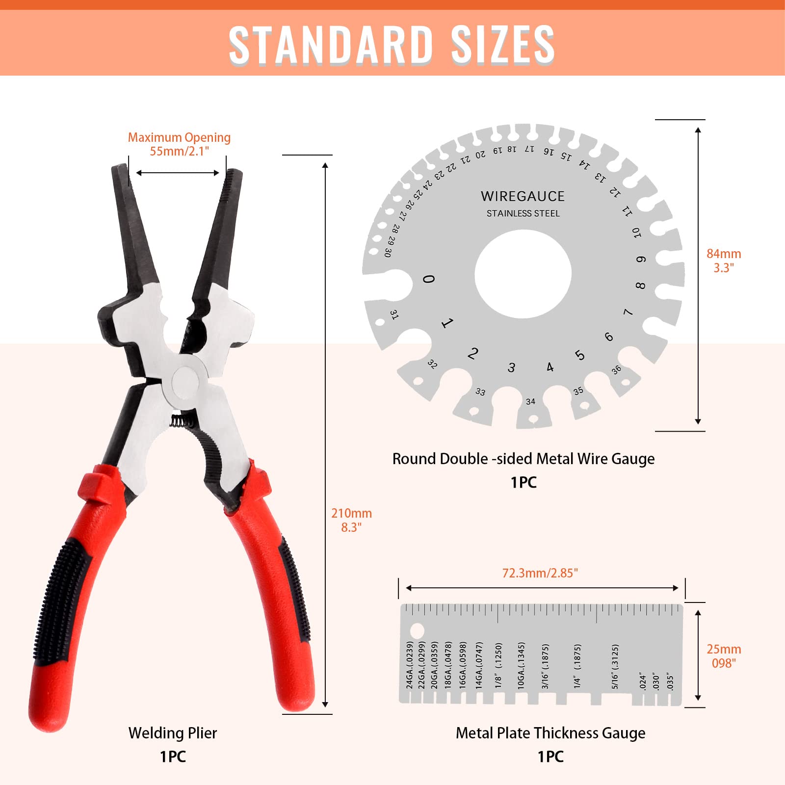 Tanstic 3Pcs 8 Inches Mig Welding Pliers with Stainless Steel Wire Gauge Welding Gauge Set, Multifunctional Welding Pliers for Wire Cutting, Metal Sheet Thickness Gauge Wire Cable Sheet Gauge