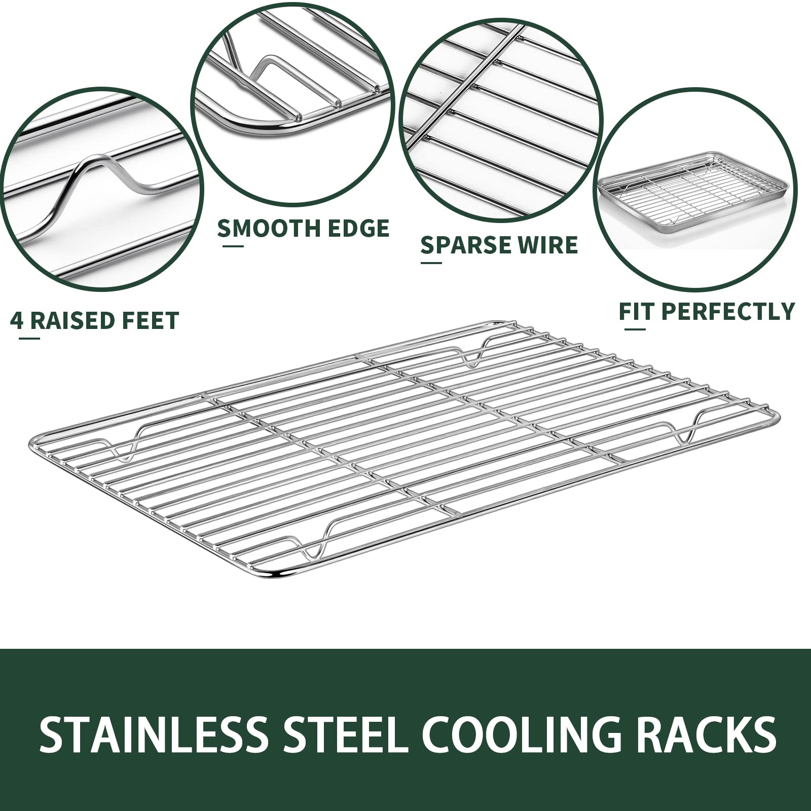 Quarter Sheet Pan with Wire Rack Set [2 Baking Sheets + 2 Cooling Racks], CEKEE Stainless Steel Cookie Sheets for Baking with Baking Rack, Nonstick Heavy Duty & Dishwasher Safe, Size 12 x 10 x 1 Inch