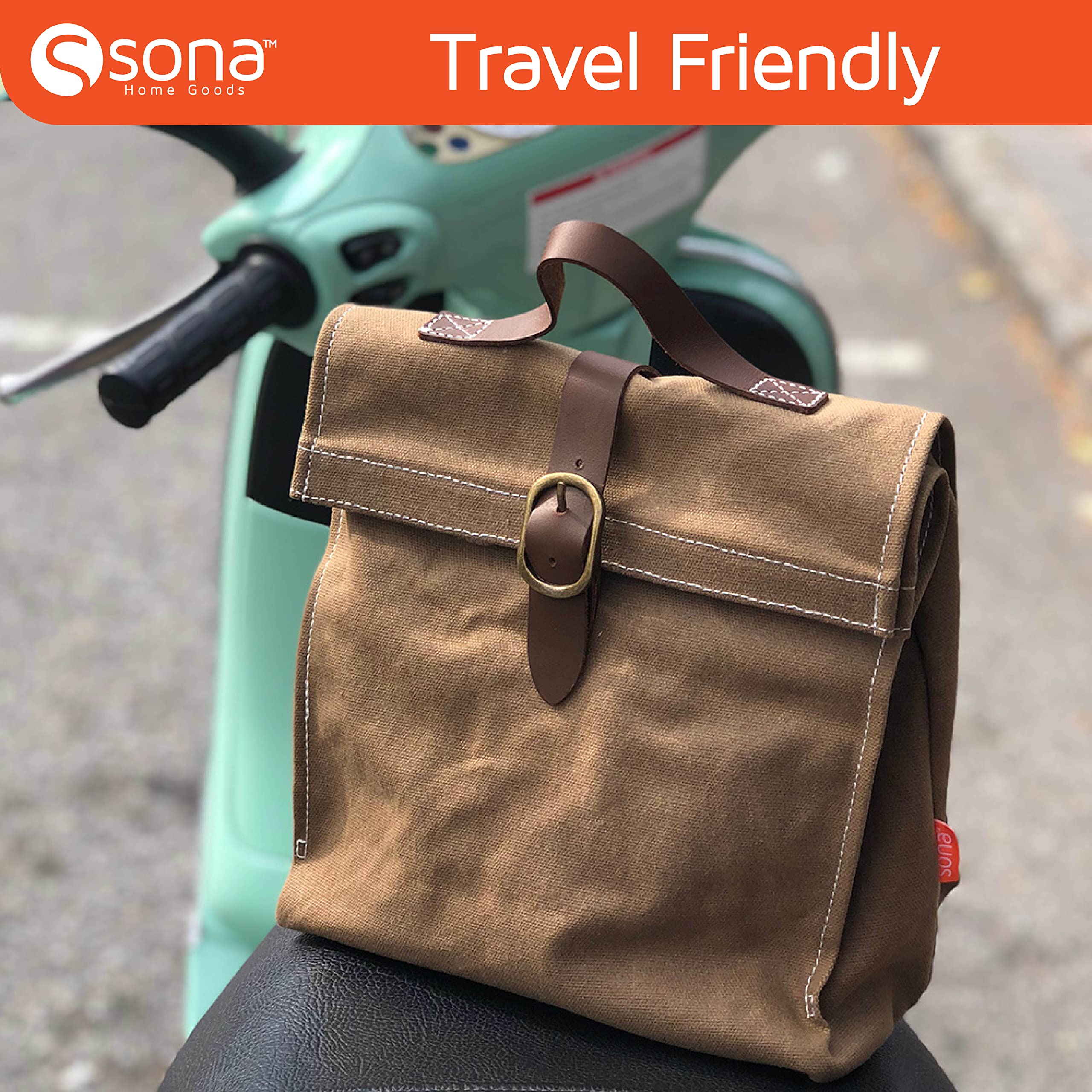 S SONA HOME GOODS Waxed canvas lunch bag, ecofriendly, reusable, brown, for women or men. The perfect large heavy duty lunch box for meal prep, work, or travel.