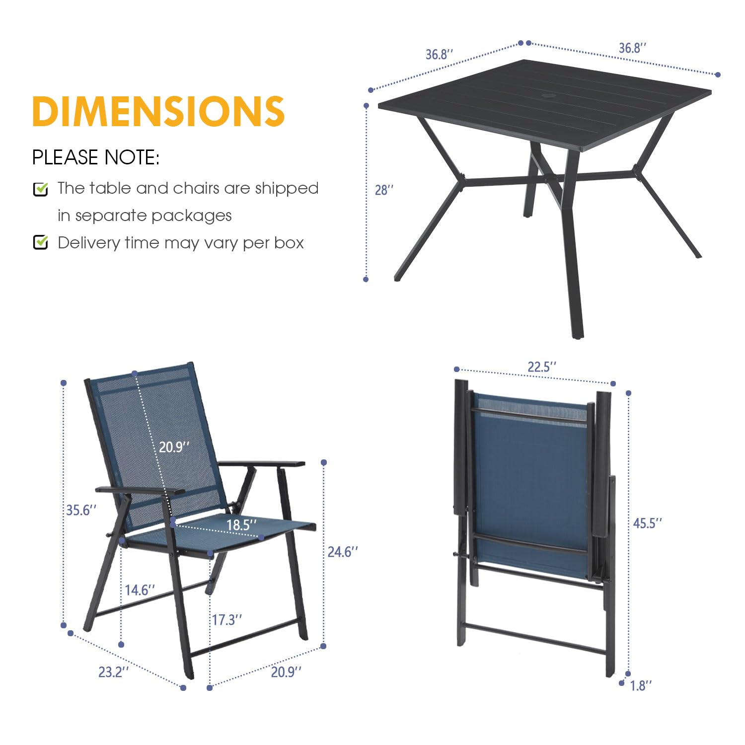 VICLLAX 5 pcs Patio Dining Table and Chairs Set, 4 Outdoor Reclining Folding Sling Chair with Armrest & 1 Square Patio Dining Table with 1.57" Umbrella Hole(Dark Blue/Black)