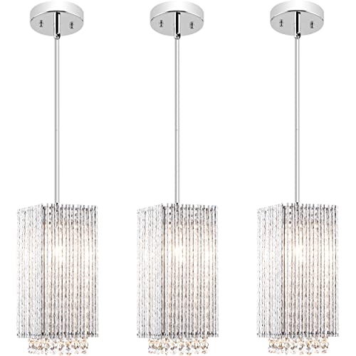 MO&OK 3 Pack Crystal Chandelier Modern Pendent Lights Adjustable Hanging Lighting with Metal Lampshade Rectangle Chandeliers for Kitchen Island Dinningroom,Entrance Living Room H9.8 xD5.2 Chrome