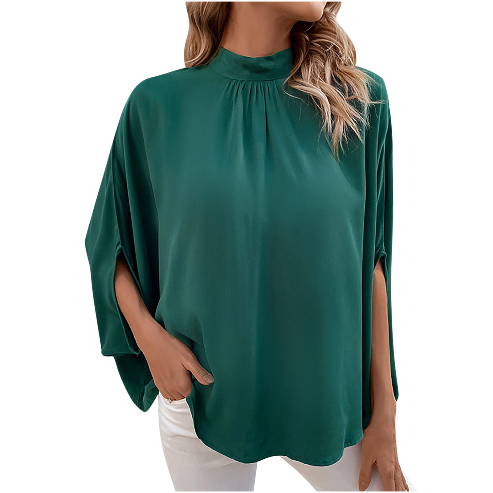 Women's Batwing Short Sleeve Summer Tops, Mock Neck Loose High Low Hem Casual Oversize Blouses Shirts Top, 2023 Spring Oversize Blouses Cape Shirt Chiffon Blouse
