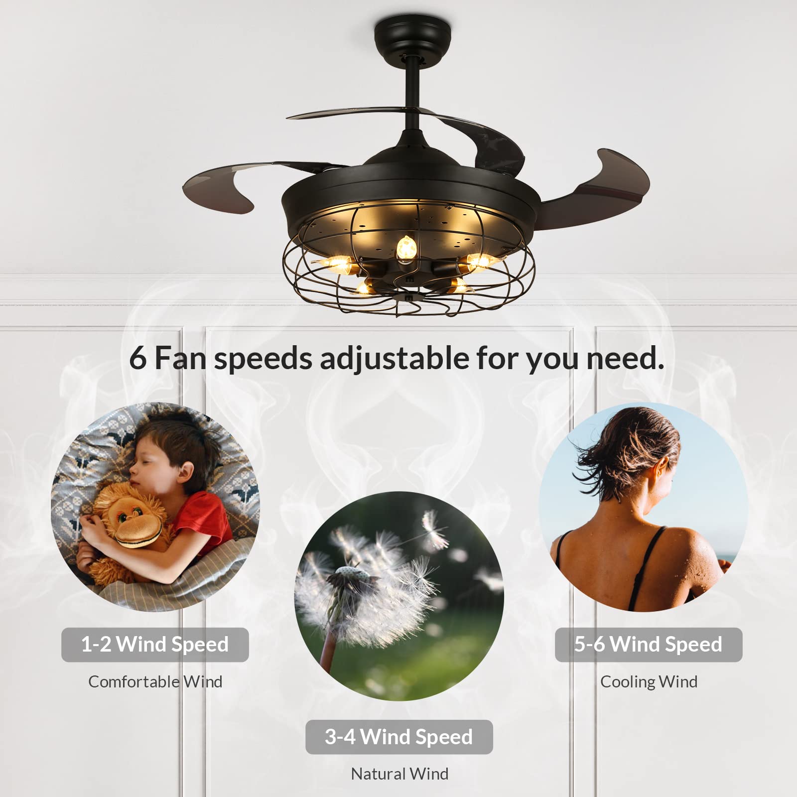 NOXARTE 36 Inch Industrial Ceiling Fan with Lights Remote Control Black Caged Chandelier Reverse Retractable Blades for Living Room Kitchen Island