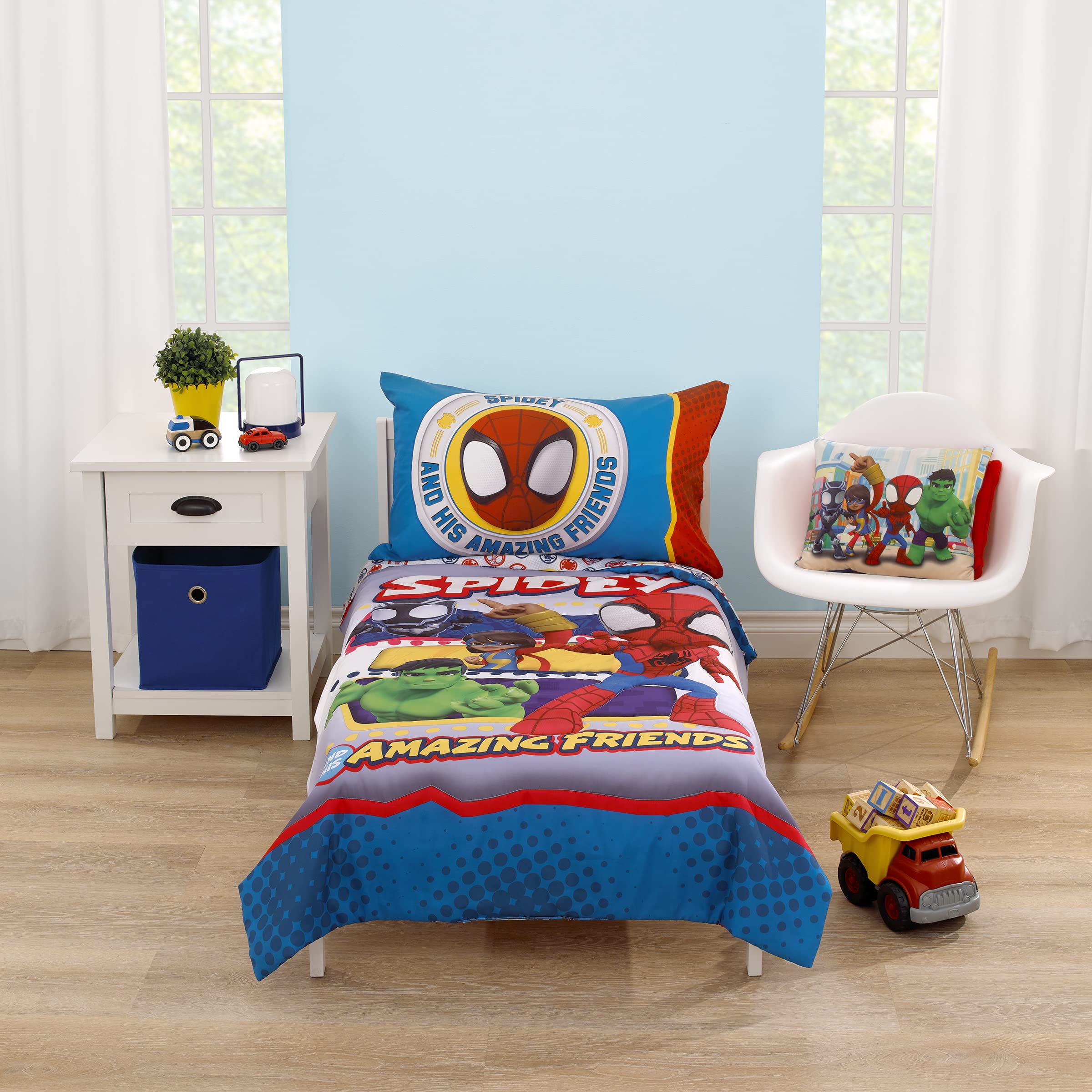 NoJo Marvel Spidey and His Amazing Friends Blue, Red, Yellow, and Green, Team Up 4 Piece Toddler Bed Set - Comforter, Fitted Bottom Sheet, Flat Top Sheet, and Reversible Pillowcase