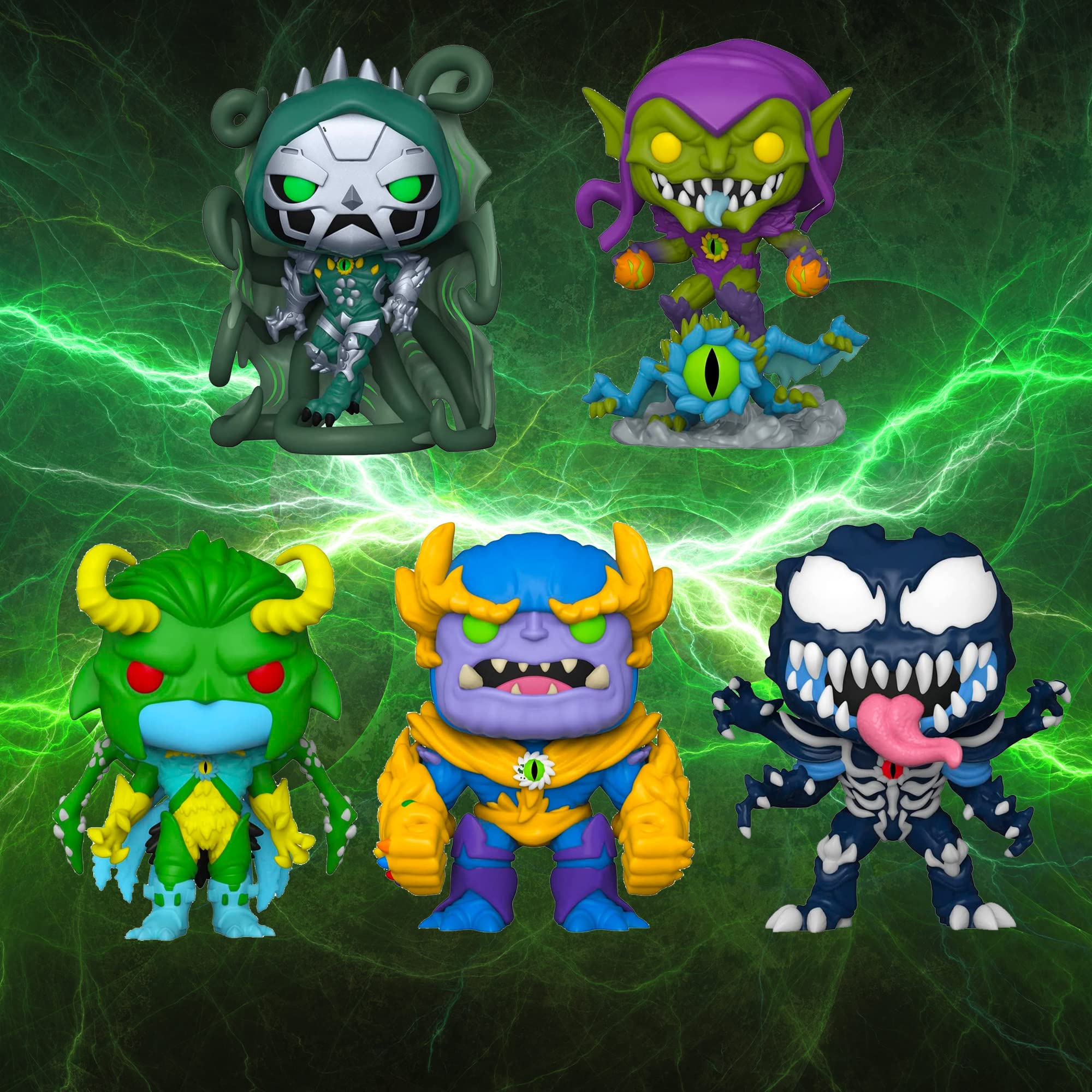 Marvel: Monster Hunters Set of 5 with Protector Bundle β includes Dr. Doom, Green Goblin, Loki, Thanos and Venom Vinyl Figures with Blue Salamander Emporium Plastic Protector Cases