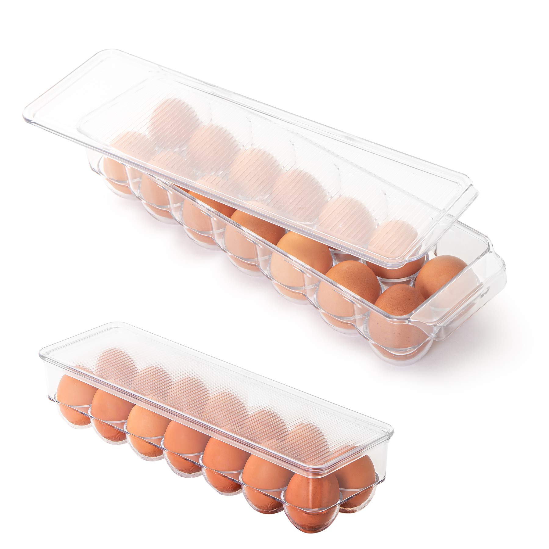 Smart Design Stackable Refrigerator Egg Holder Bin with Handle and Lid - Set of 2 - BPA Free Plastic - Fridge, Countertop, Large Cabinet, Home Pantry Food Tray - 14.65 x 3.25 Inch - Clear