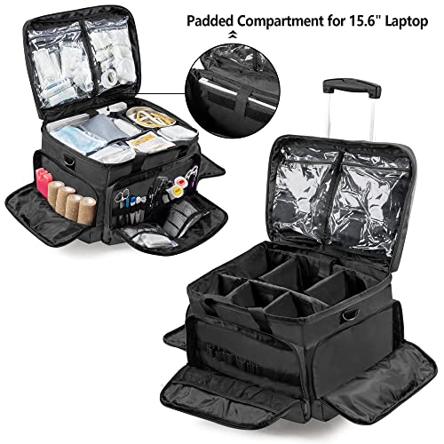 Trunab Rolling Medical Bag with Detachable Trolley, Nurse Rolling Bag with Removable Dividers 15.6β Laptop Sleeve, First Aid Responder Bag Empty for Home Health Nurses, Doctors, EMT, EMS