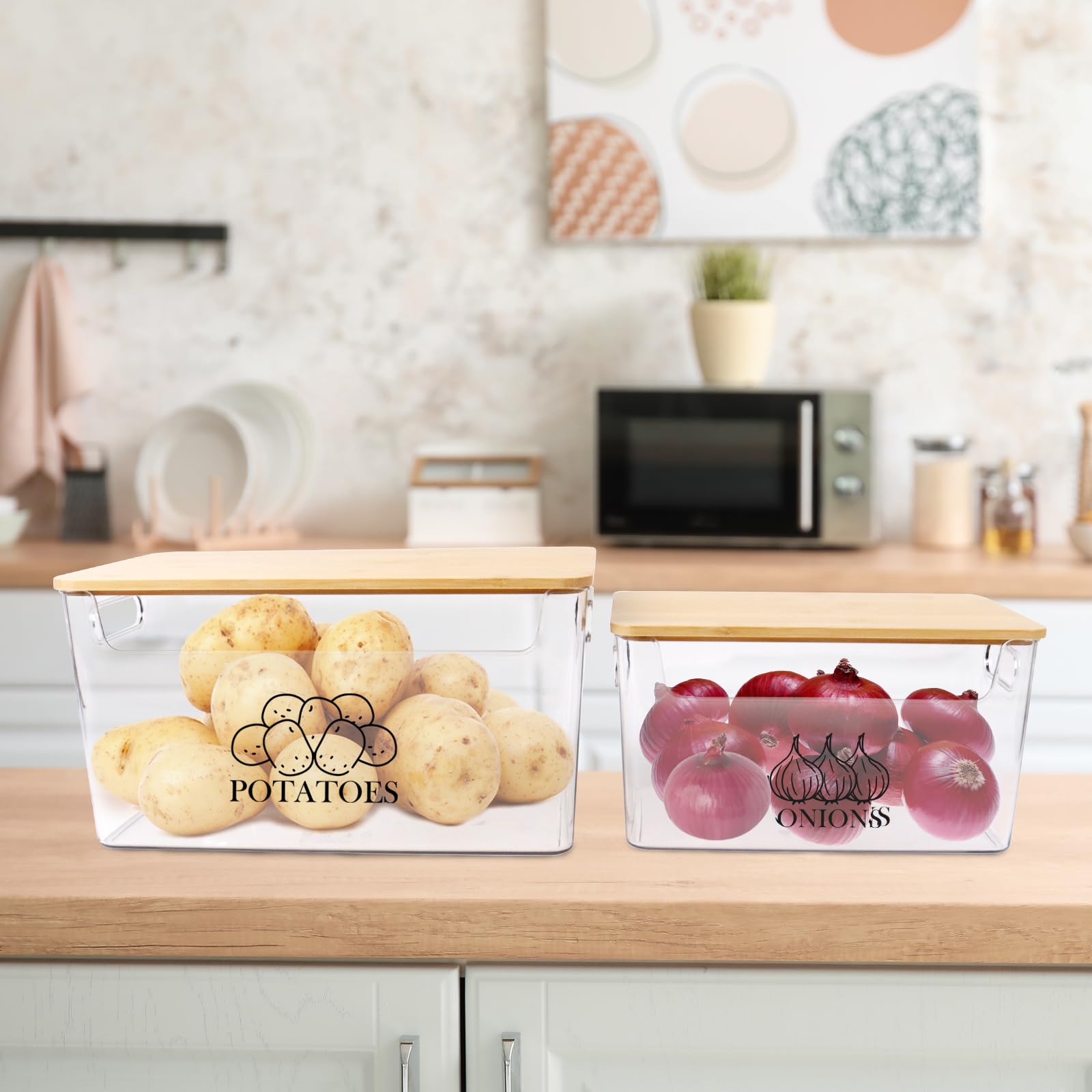 Xbopetda Potato Onion Storage, Potato Bin with Bamboo Lid, Transparent Acrylic Potato Container Onion Keeper, 2 Set Stackable Onion Storage, Pantry Kitchen Counter Organizer for Potatoes Onions-Clear
