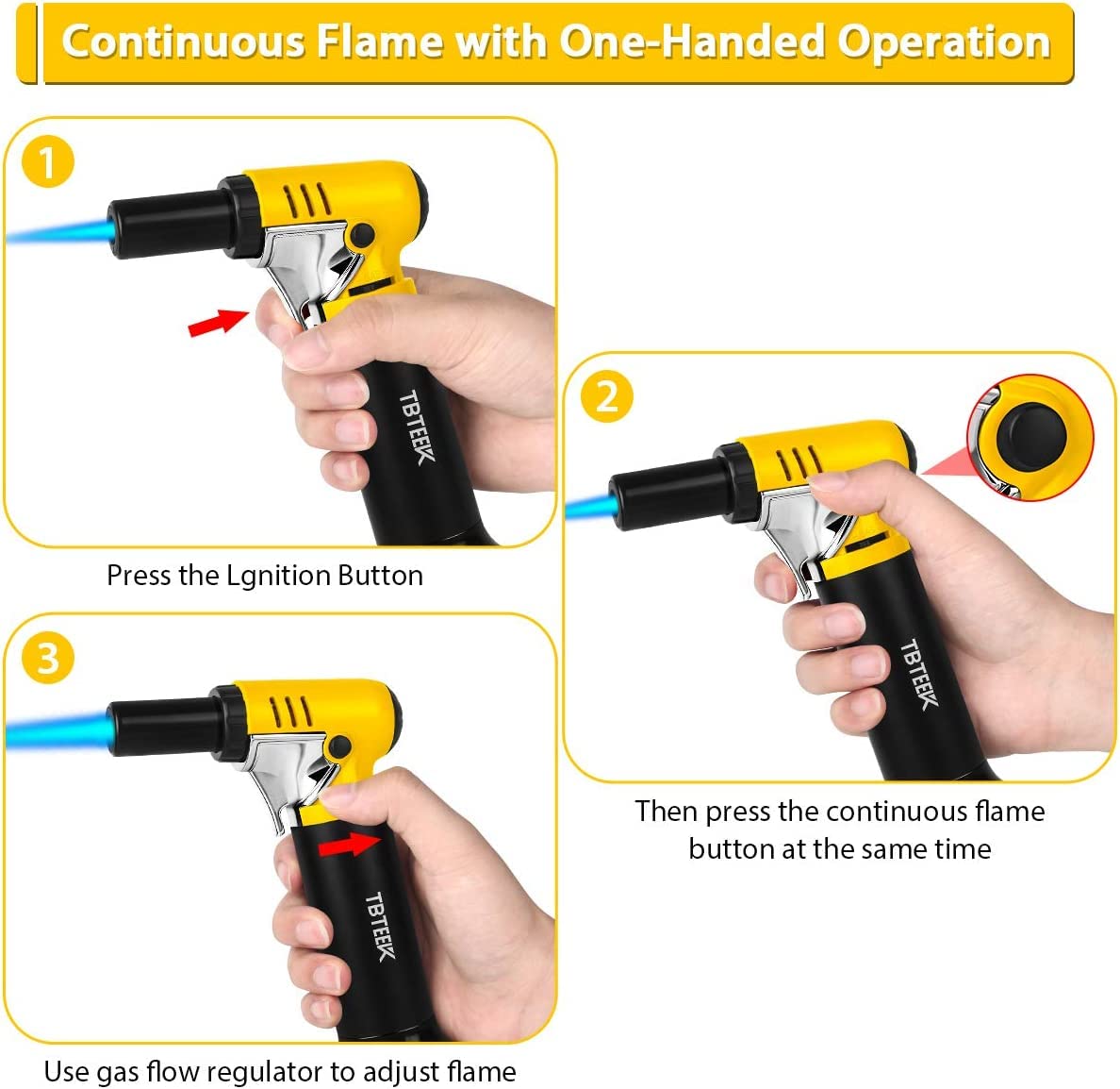 TBTEEK Butane Torch with Fuel Gauge, One-hand Operation Kitchen Torch Lighter with Adjustable Flame for BBQ, Baking, Brulee Creme, Crafts and Soldering(Butane Gas Not Included)